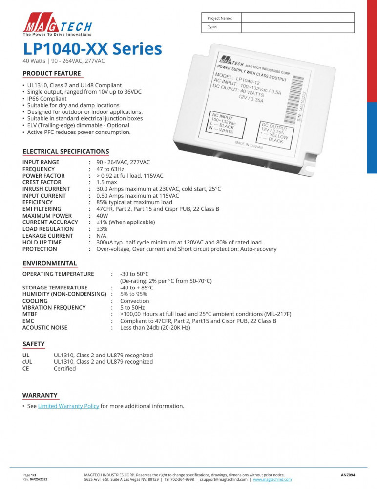 MAGTECH LP1040 technical document page 1