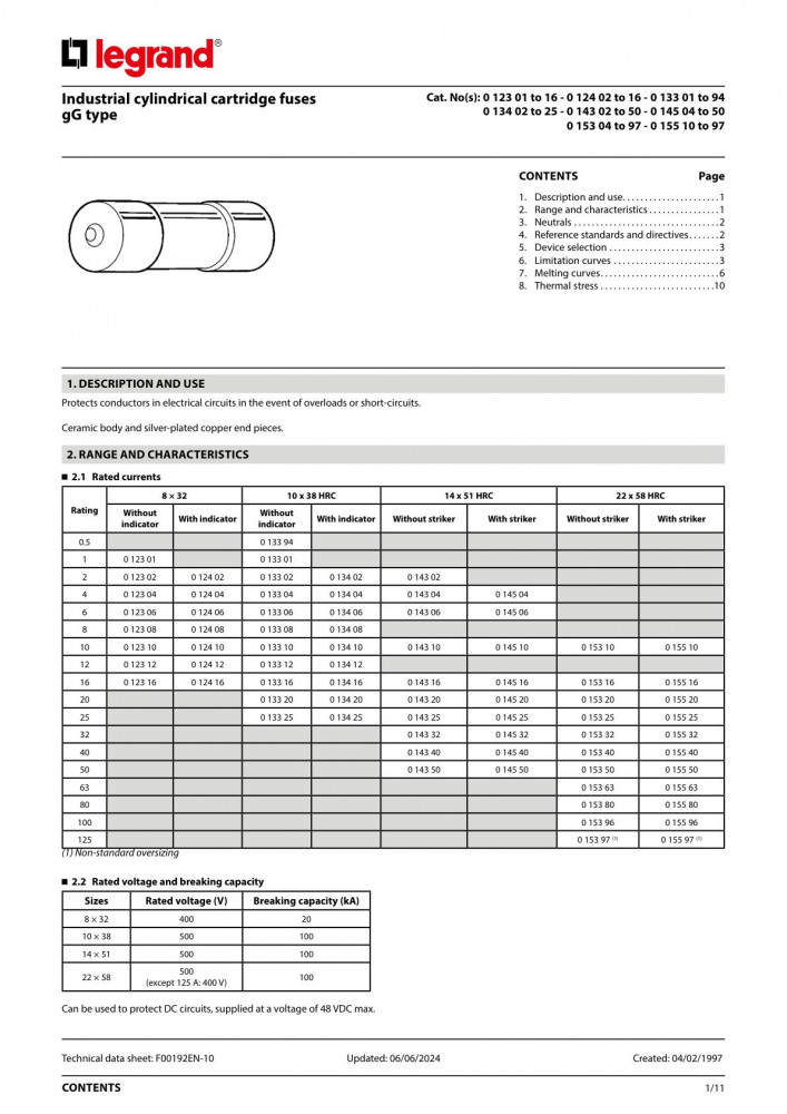 Legrand fuse cartridge technical document, page 1