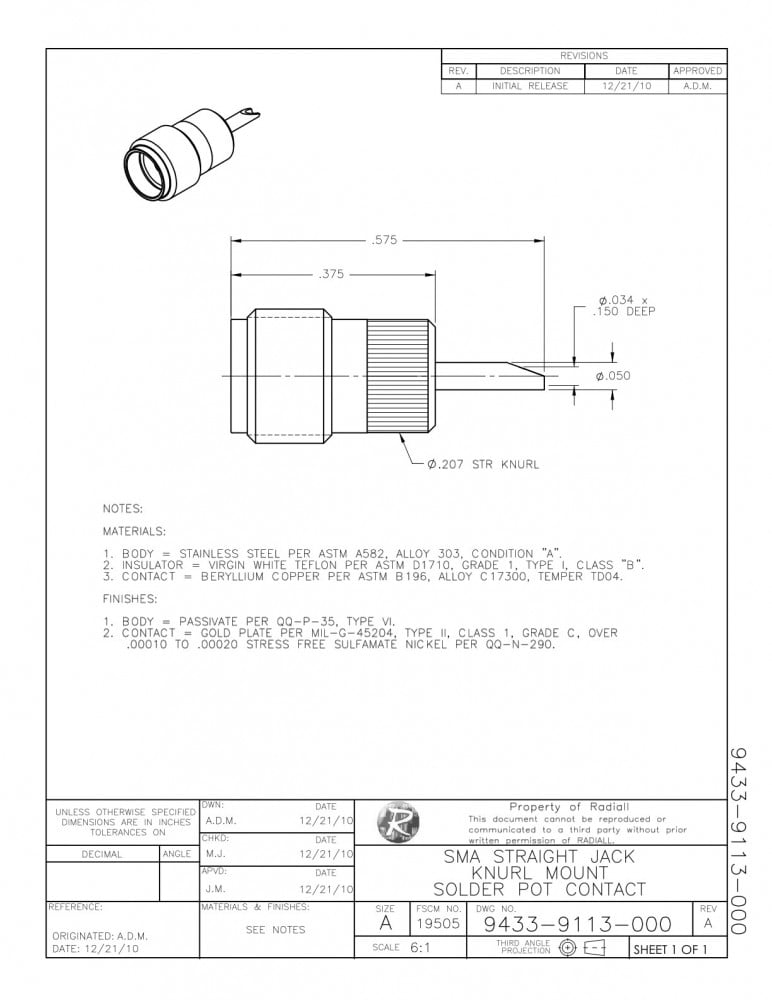 Radiall 9433-9113-000 product drawing