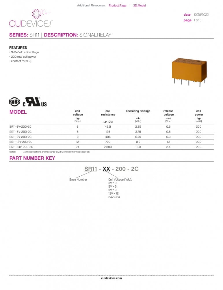 CUI SR11 series datasheet page 1