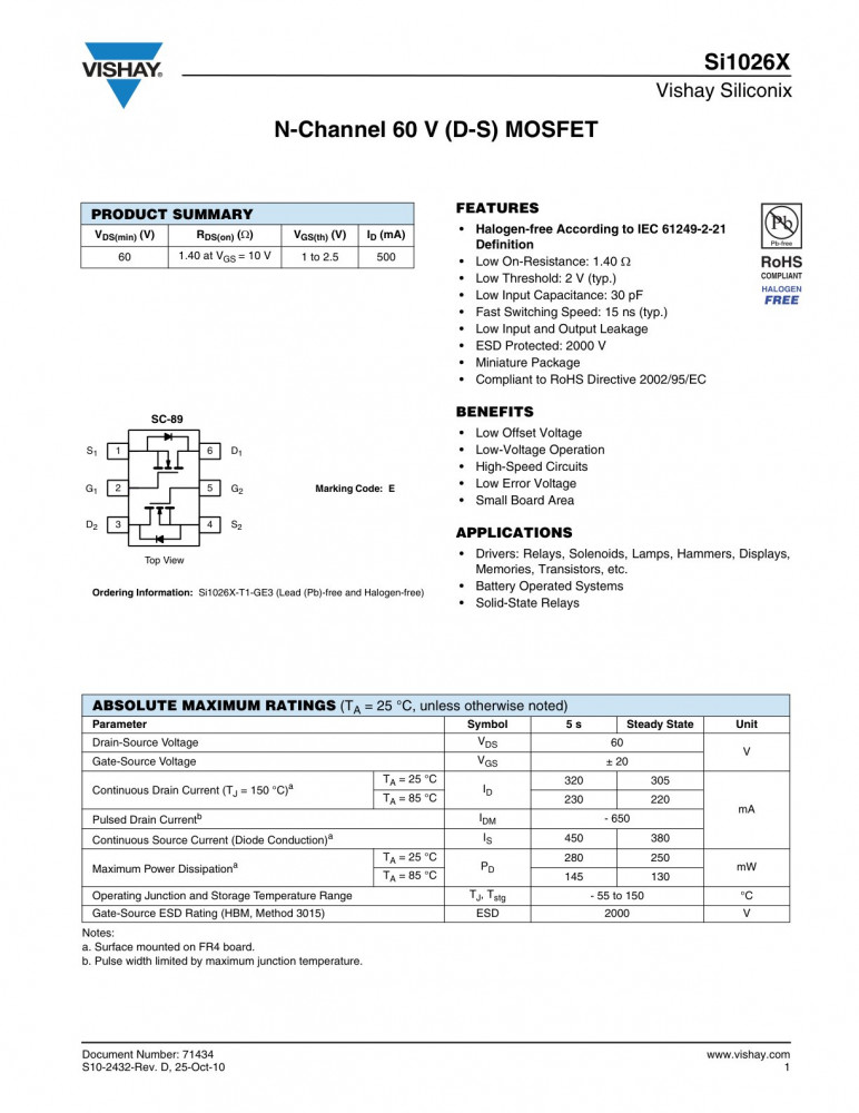 SI1026X-T1-GE3 datasheet page 1
