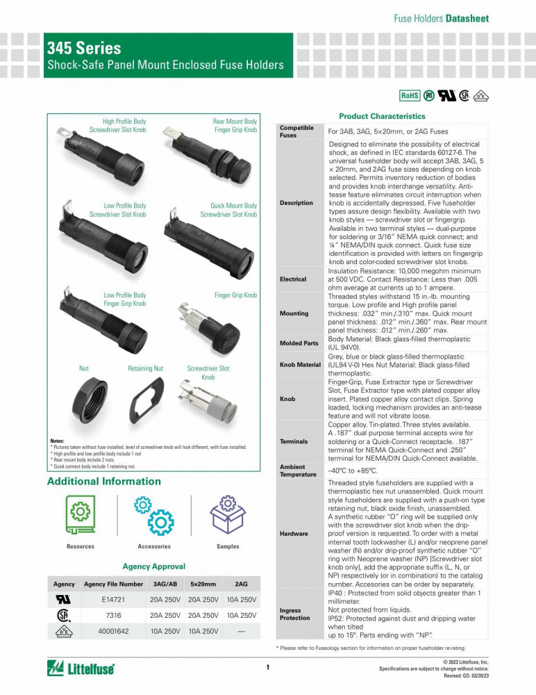 345 Series fuseholder technical document, page 1