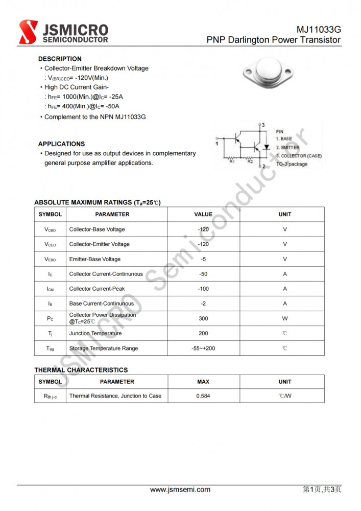 MJ11033G-JSM datasheet page 1