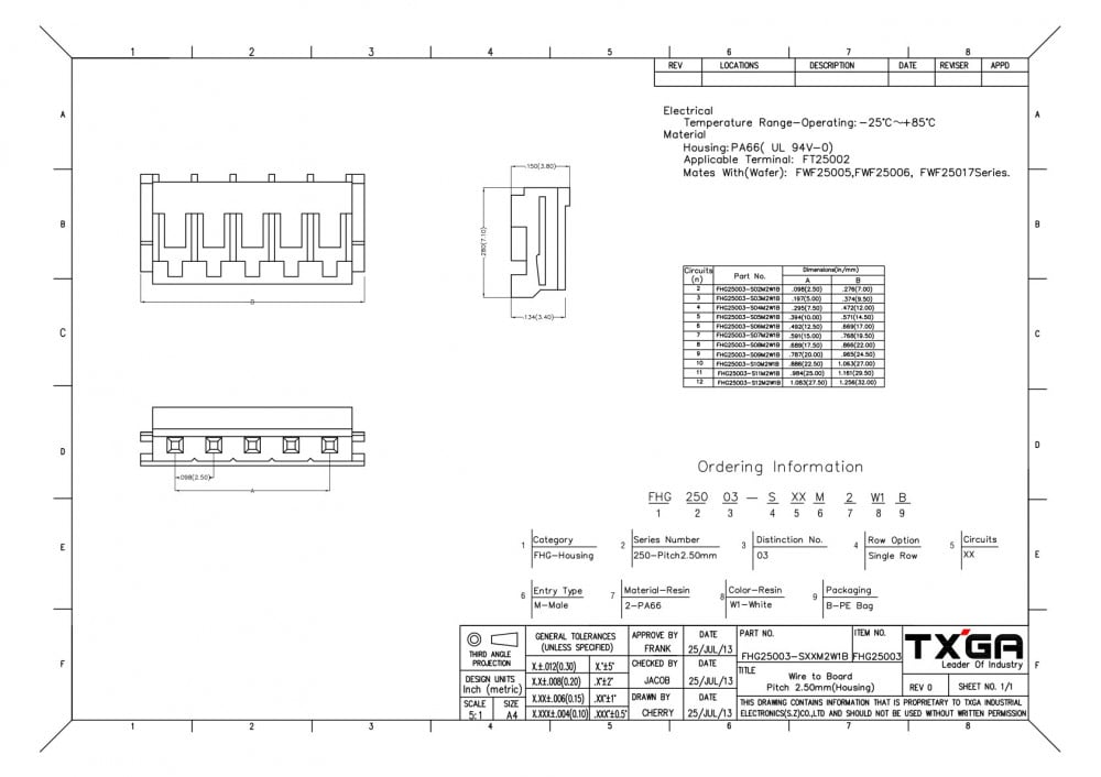 TXGA FHG25003-S02M2W1B technical drawing preview