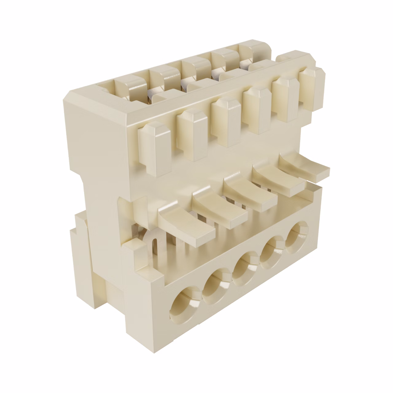 Appli-Mate RAST 2.5 Connector, 2.50mm Pitch, Female, 5 Circuits, Positions A and F Removed, Polarizing Rib Between 2/3, Locking Pips, Slotted Endwalls, Gold Plating