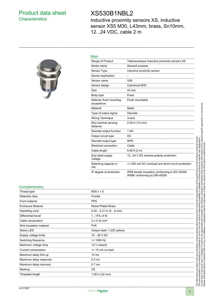 XS530B1NBL2 technical document page 1