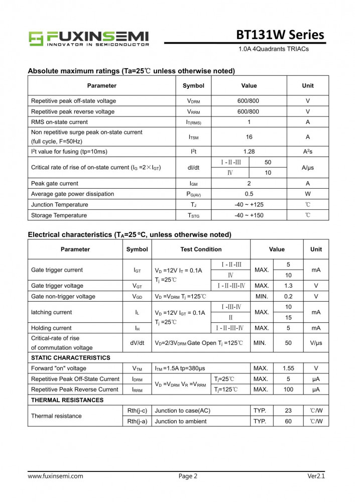 BT131W-800 datasheet page 2