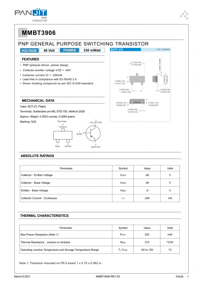 MMBT3906 datasheet page 1