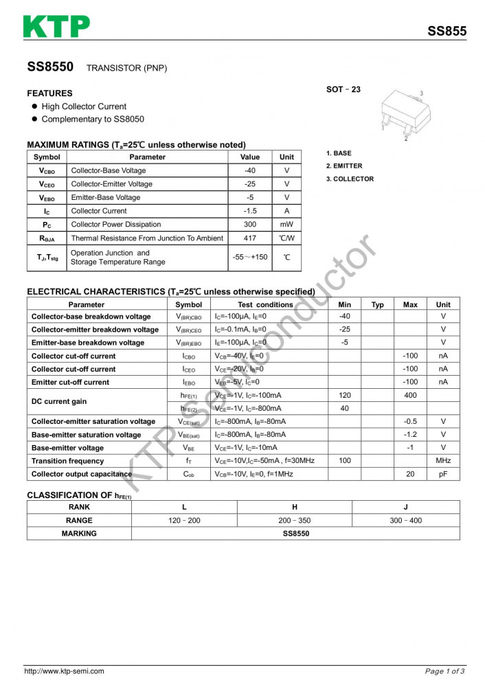 SS8550 datasheet page 1