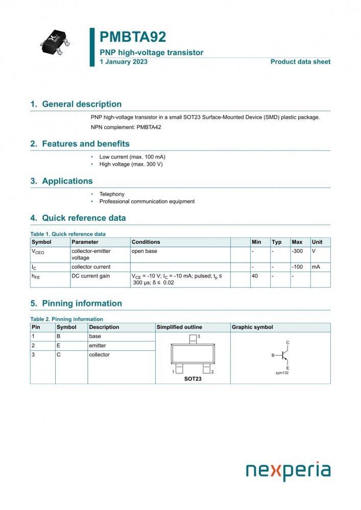 PMBTA92 datasheet page 1