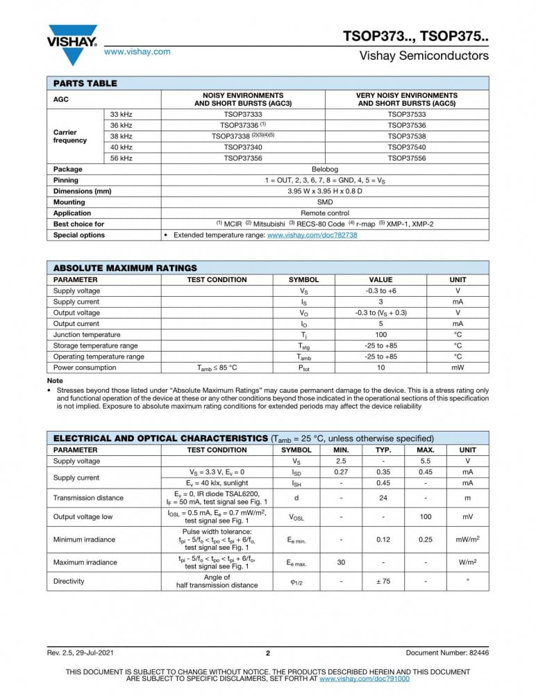 TSOP37340HTT1 datasheet page 2