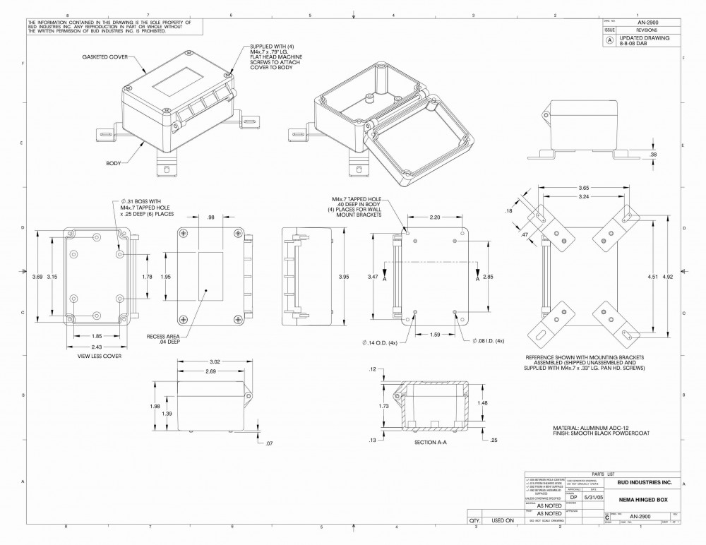 Bud Industries AN-2900 NEMA hinged box drawing preview