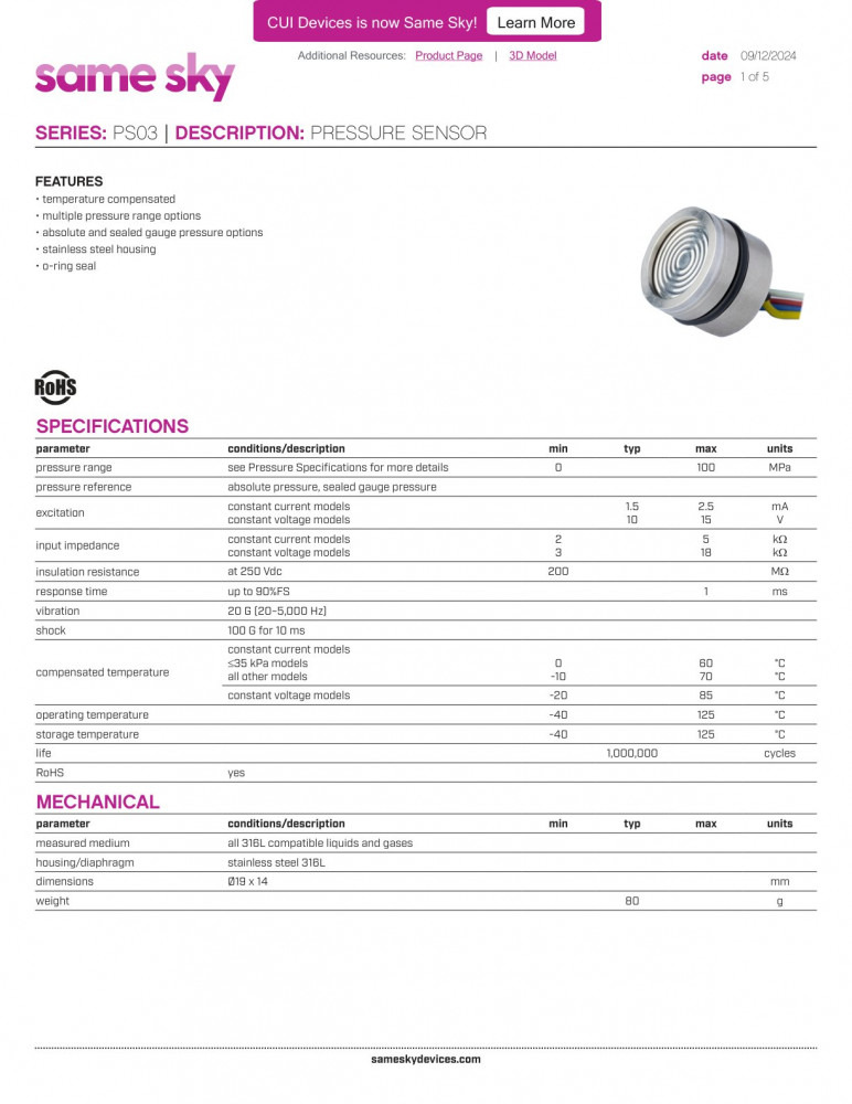PS03 pressure sensor datasheet page 1