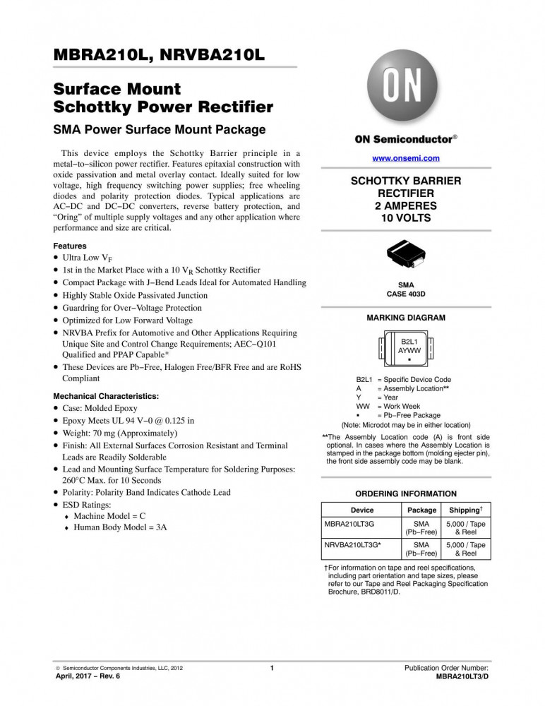 MBRA210LT3G technical document page 1
