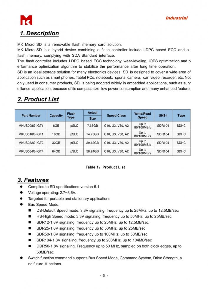 MK Micro SD datasheet page 5