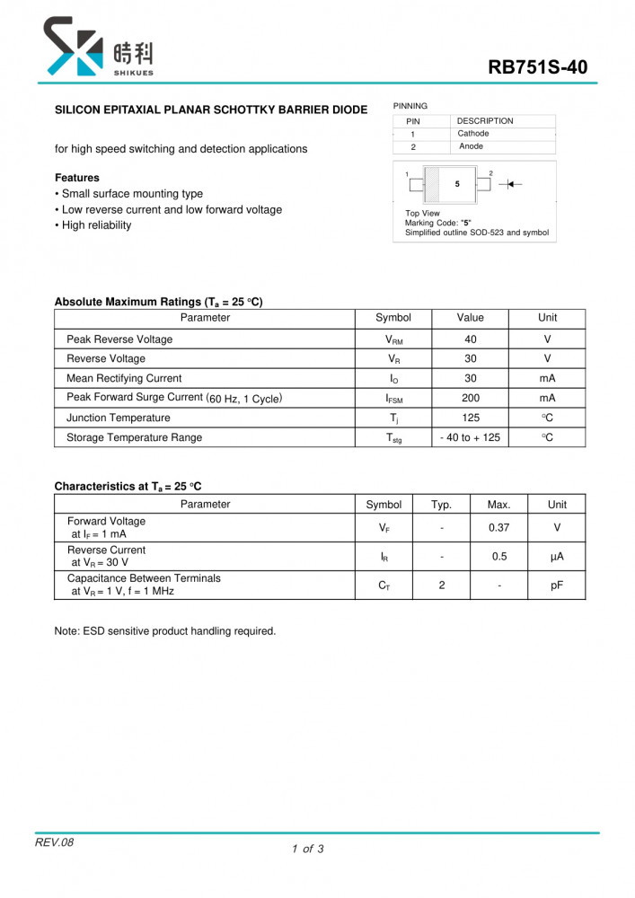 RB751S-40 datasheet page 1