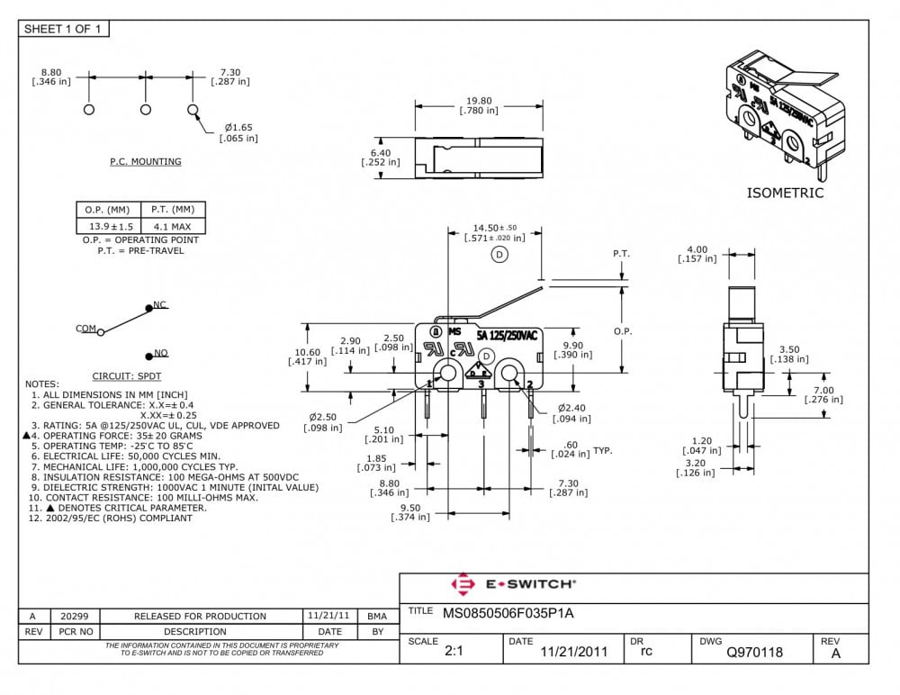 E-Switch MS0850506F035P1A technical drawing
