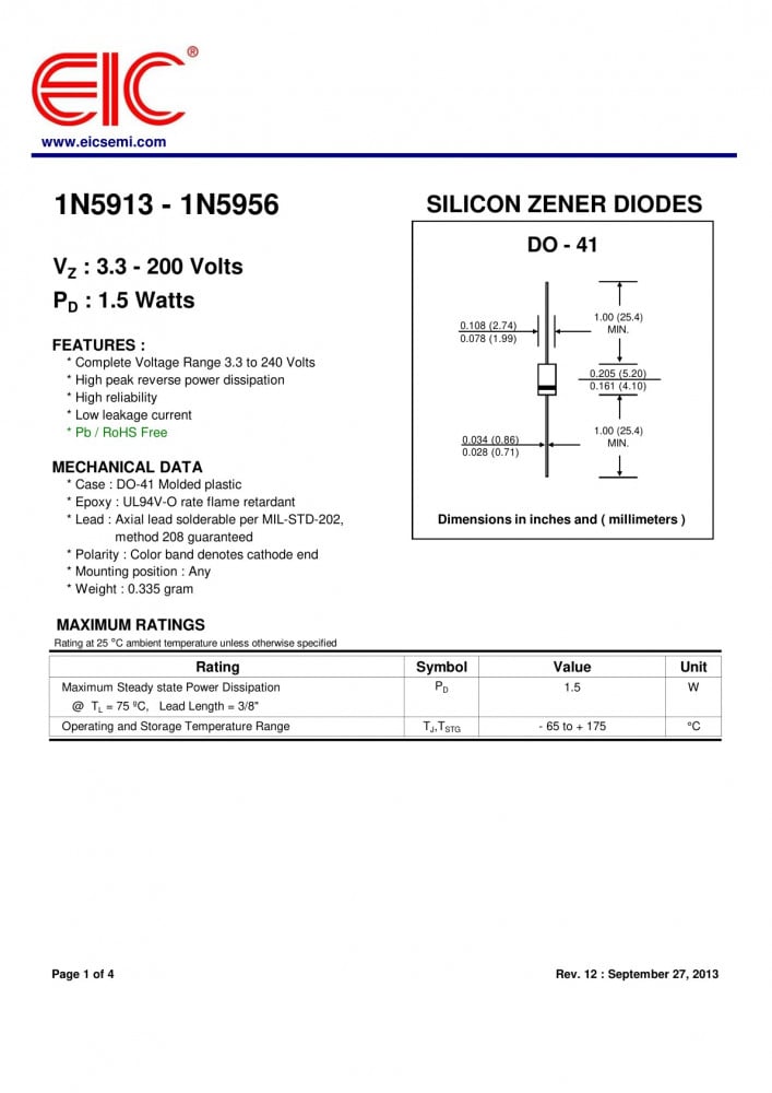EIC 1N5913 to 1N5956 datasheet page 1