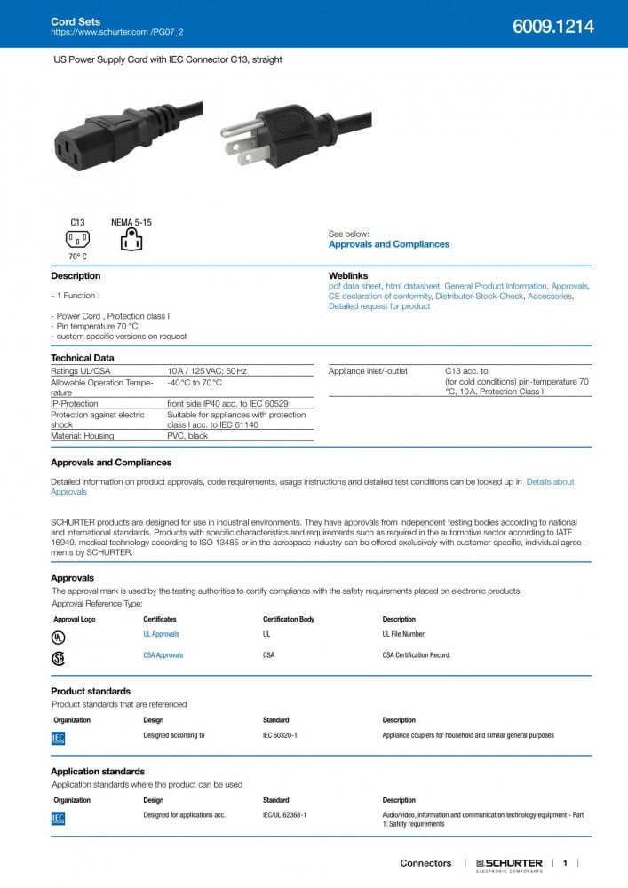 SCHURTER 6009.1214 datasheet page 1