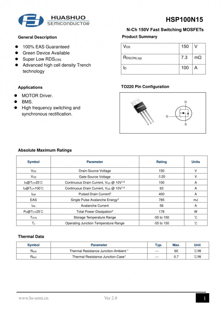 HSP100N15 datasheet page 1
