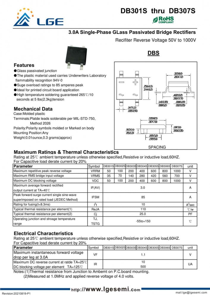 LGE DB307S datasheet page 1