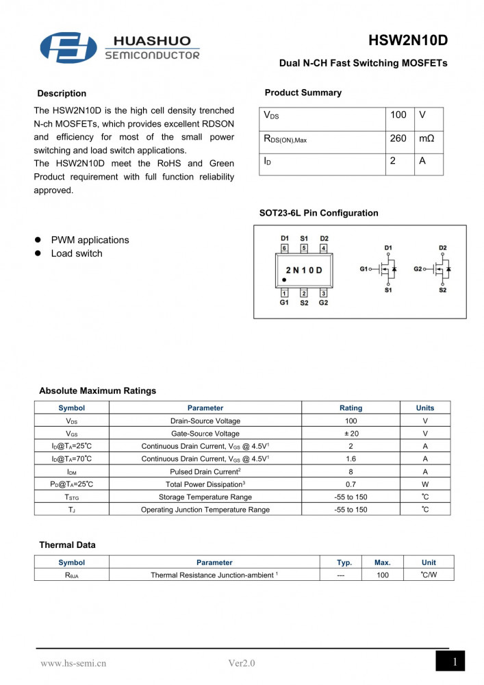 HSW2N10D datasheet page 1