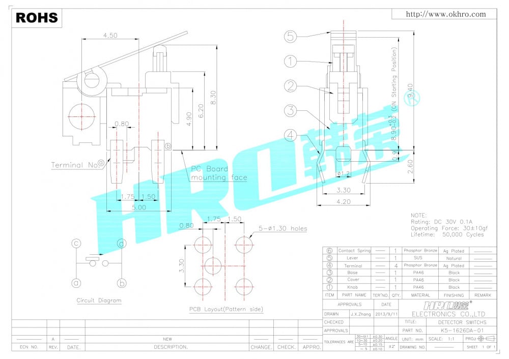 K5-1626DA-01 detector switch technical drawing