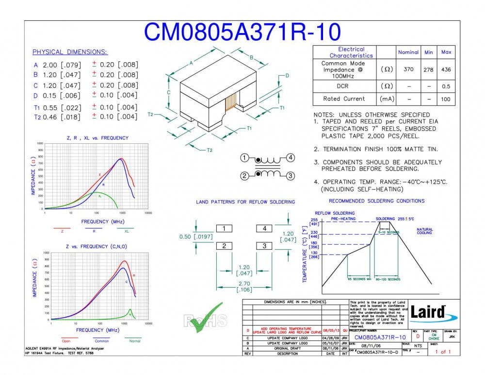 Laird CM0805A371R-10 technical drawing and specification sheet