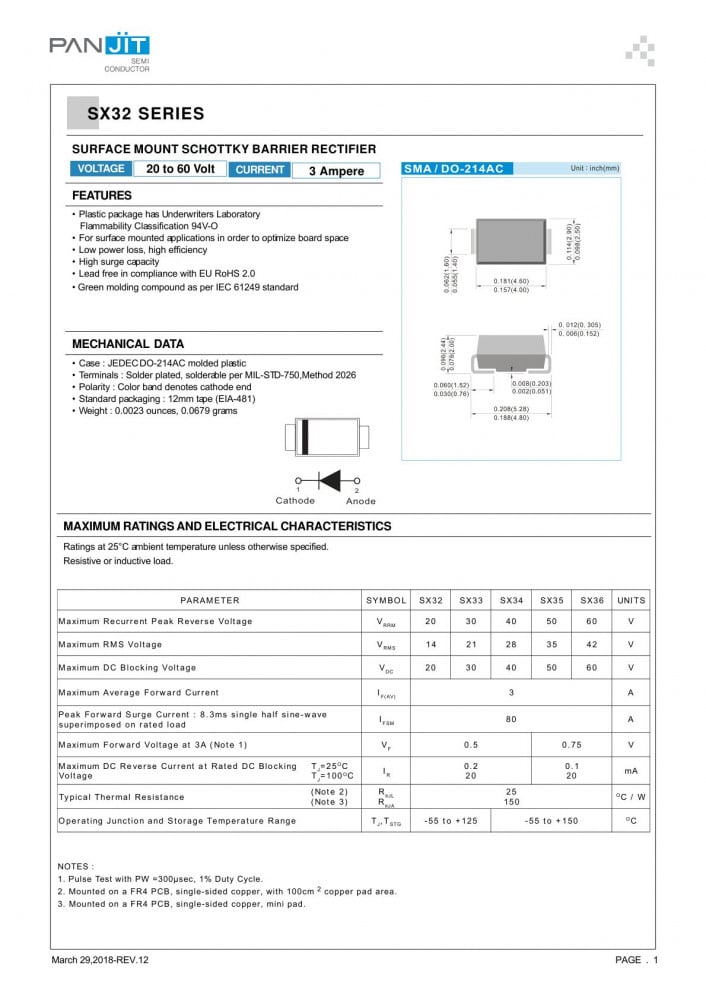 PANJIT SX34 series datasheet page 1