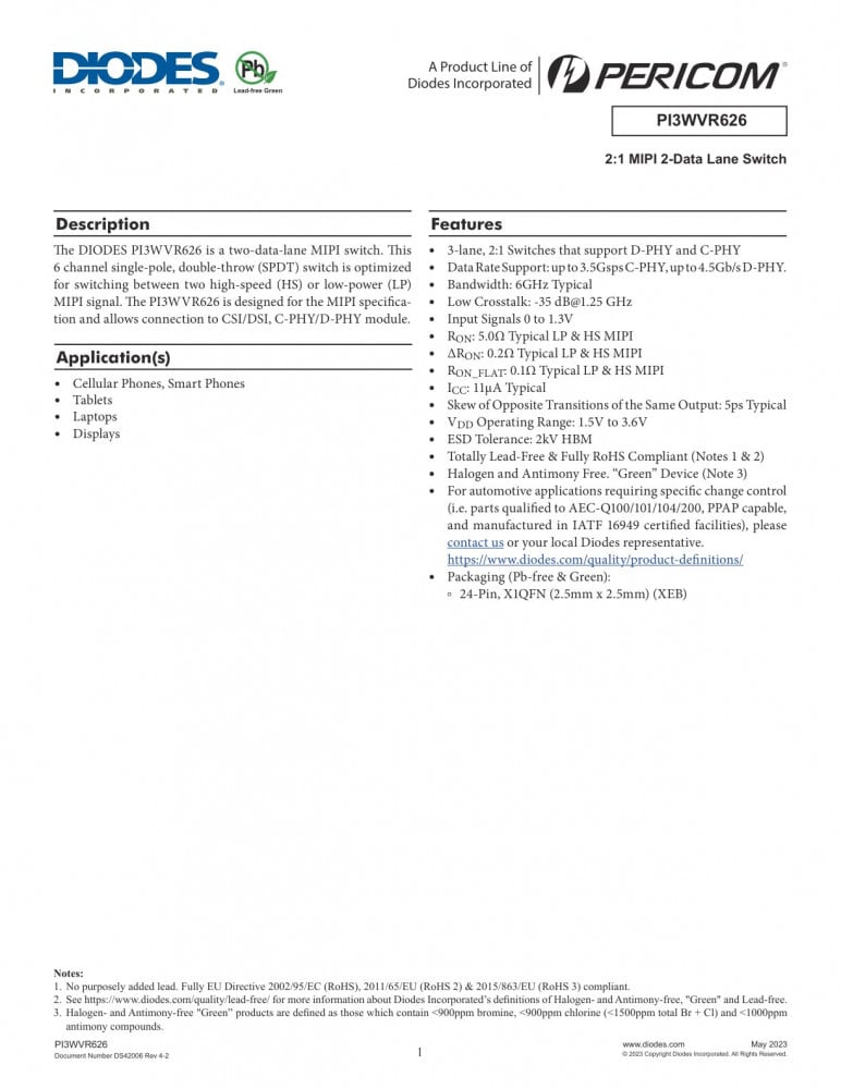 PI3WVR626 datasheet page 1