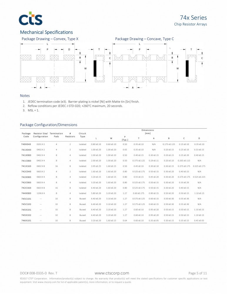 CTS 74x resistor array datasheet page 5