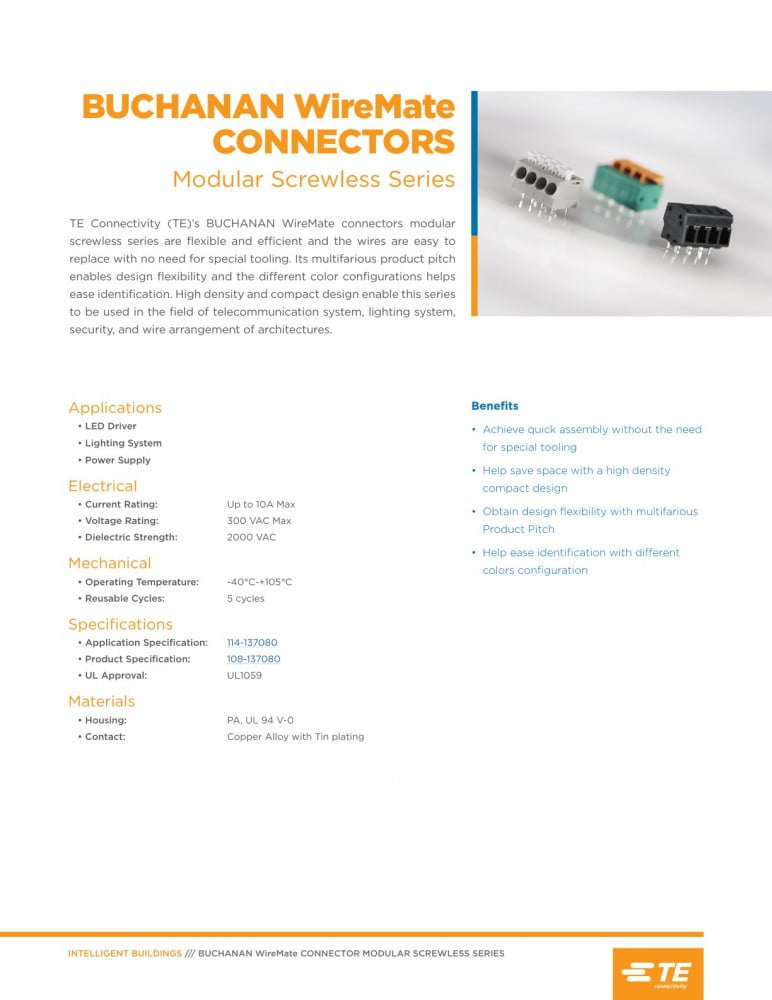 TE Connectivity BUCHANAN WireMate connector documentation page 1