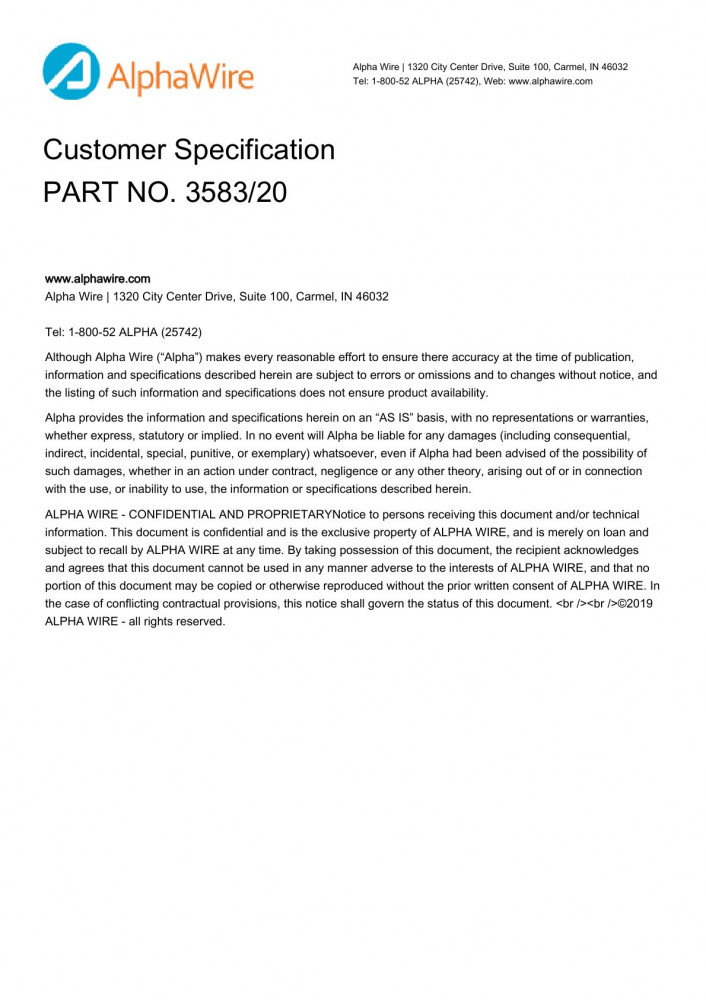 Alpha Wire 3583/20 customer specification page 1