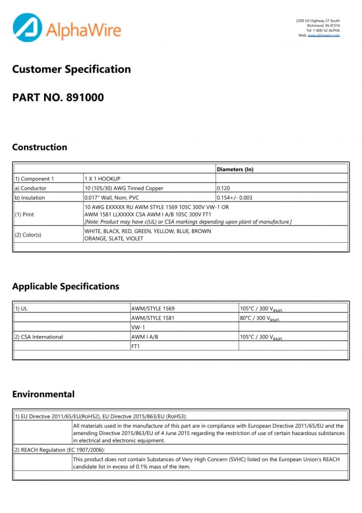 Alpha Wire 891000 technical document page 1