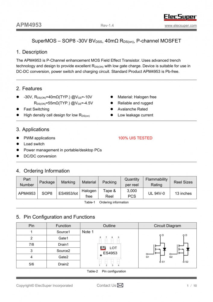 APM4953 datasheet page 1