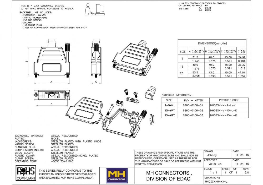 MH CONNECTORS MHDSSK-M-9-L-K technical drawing