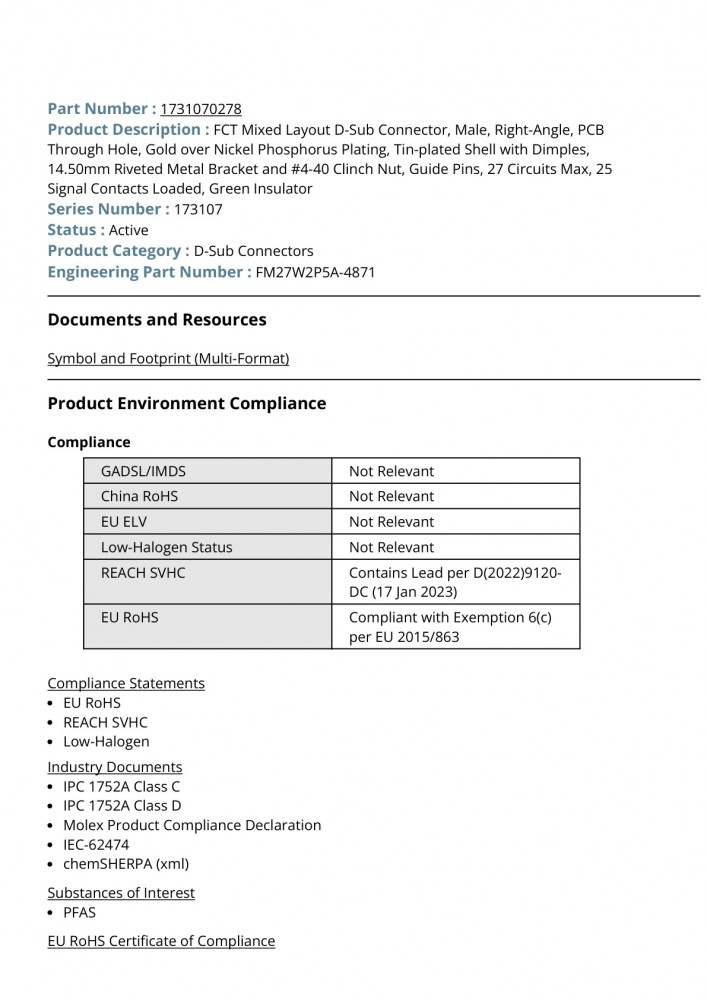 Product document image 1 for MOLEX 1731070278