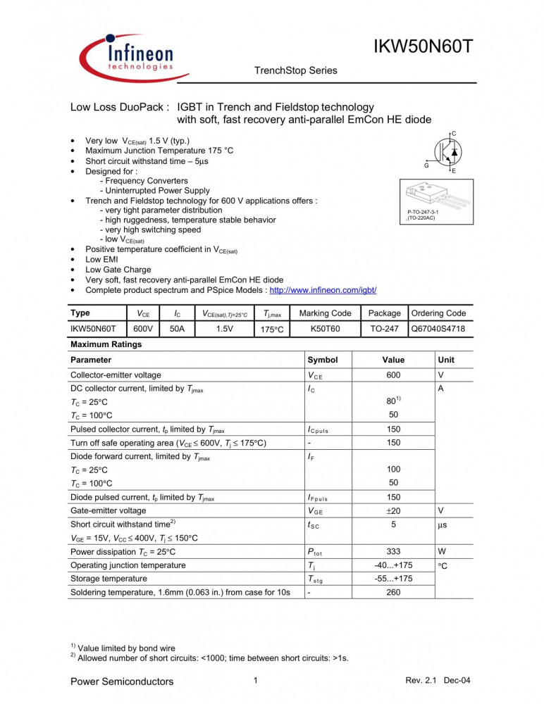 IKW50N60T datasheet page 1