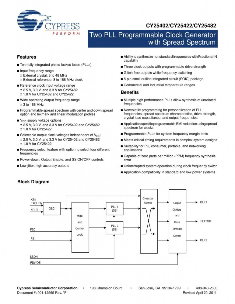CY25482SXI-010 datasheet page 1