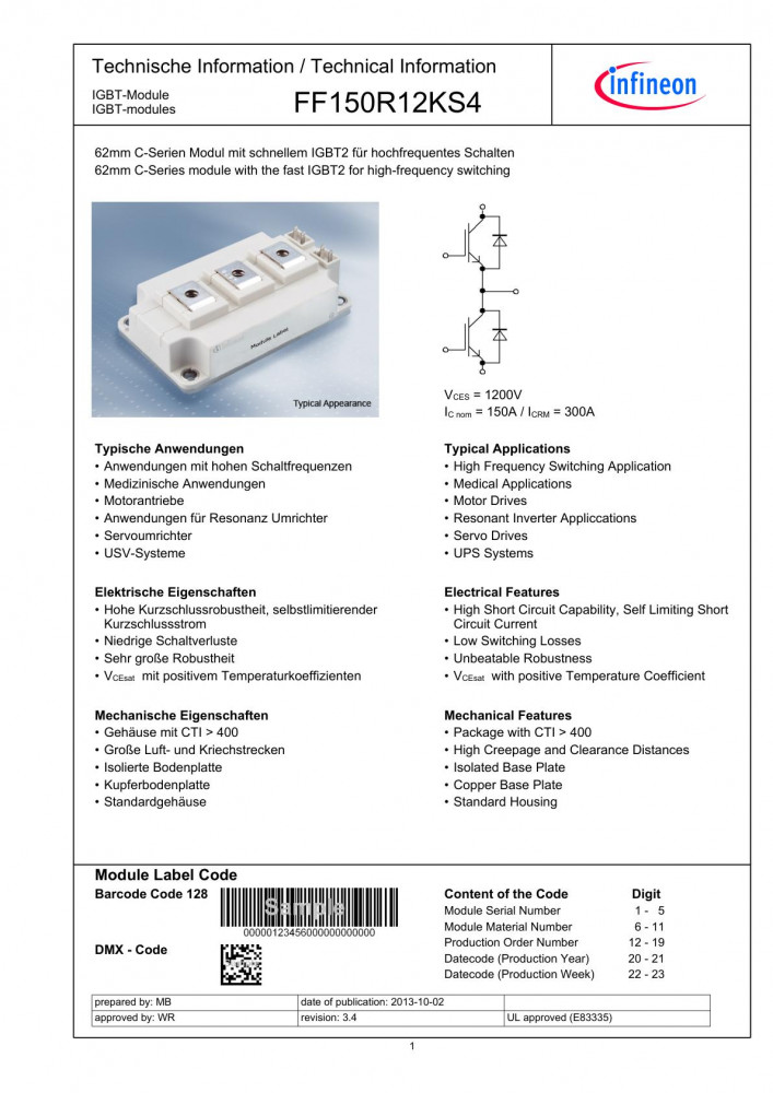 FF150R12KS4 datasheet page 1