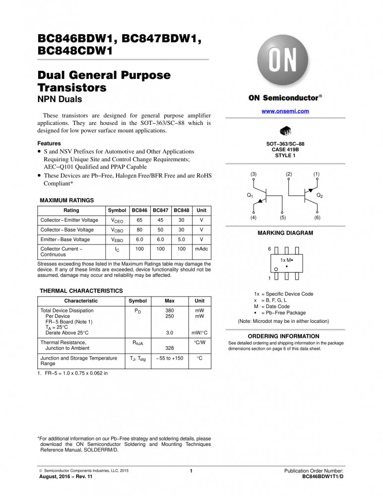 BC847BDW1T1G datasheet page 1