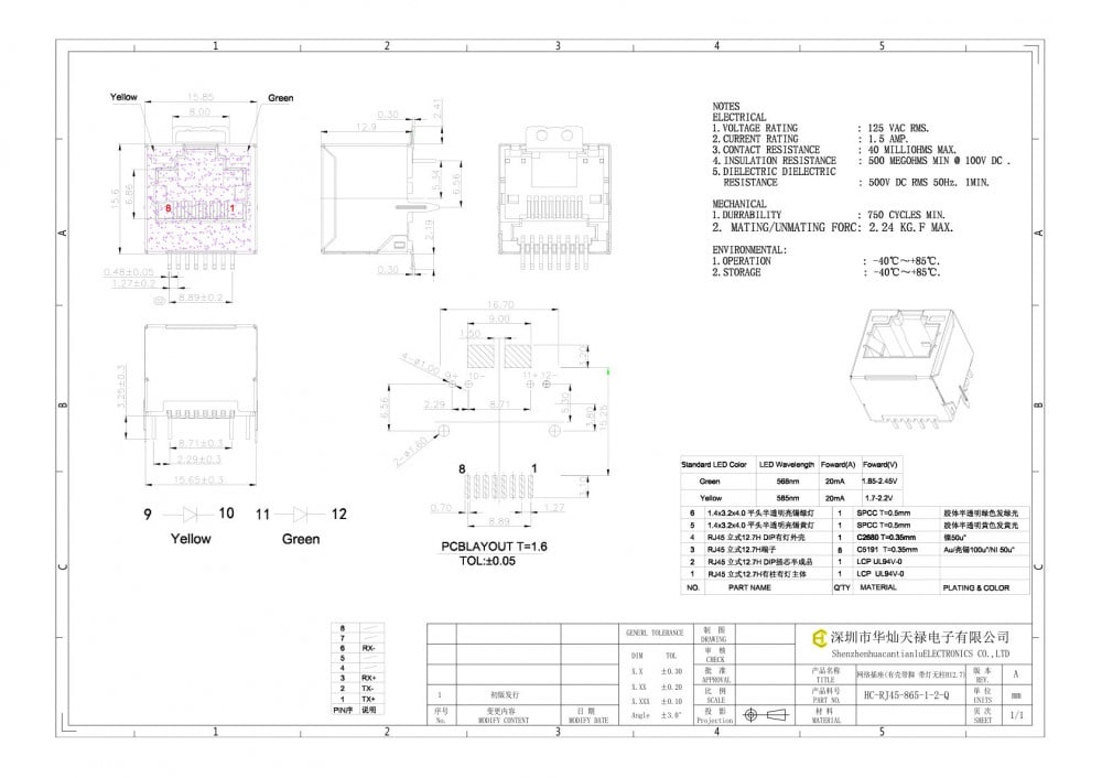 HCTL HC-RJ45-865-1-2-Q technical drawing preview