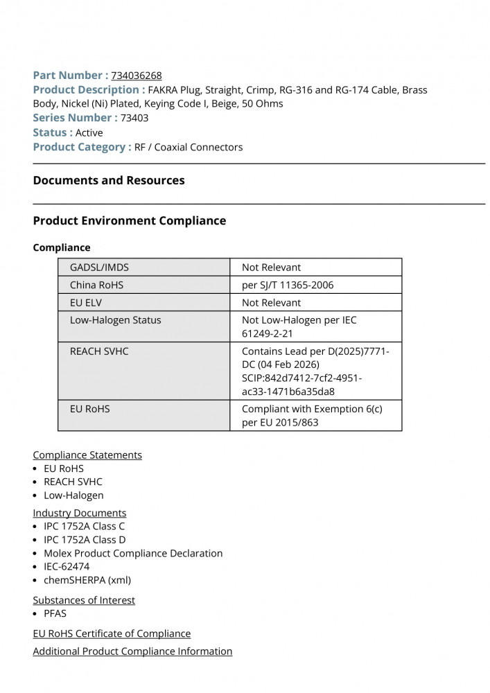 MOLEX 734036268 product document image, page 1