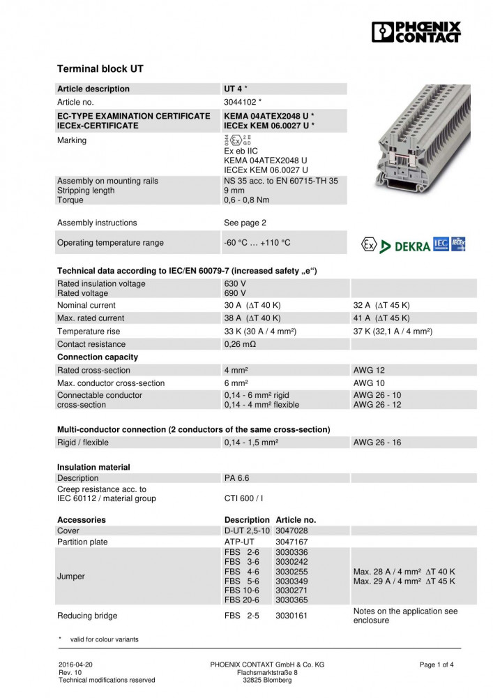 Phoenix Contact UT 4 3044102 technical document page 1