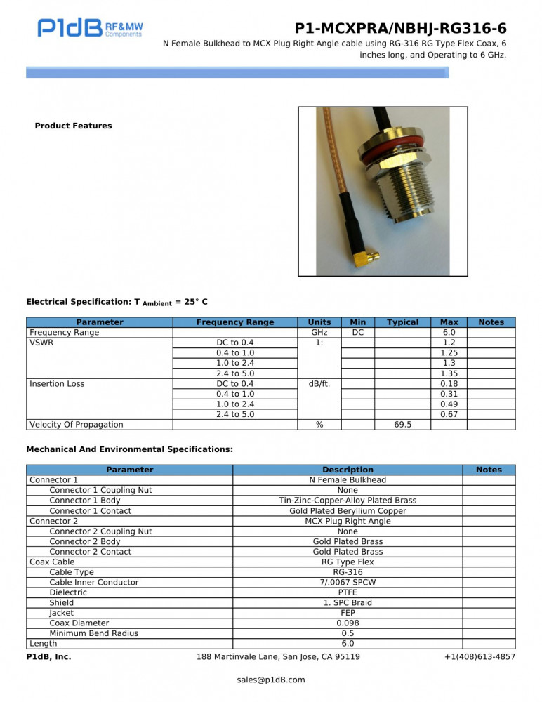 P1-MCXPRA/NBHJ-RG316-6 product specification page