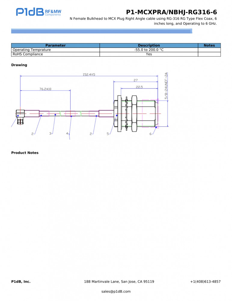 P1-MCXPRA/NBHJ-RG316-6 mechanical drawing page