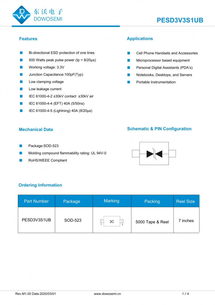 PESD3V3S1UB datasheet page 1
