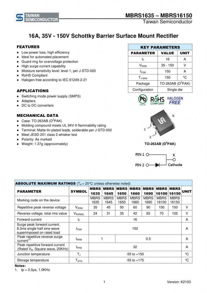 MBRS1690 datasheet page 1