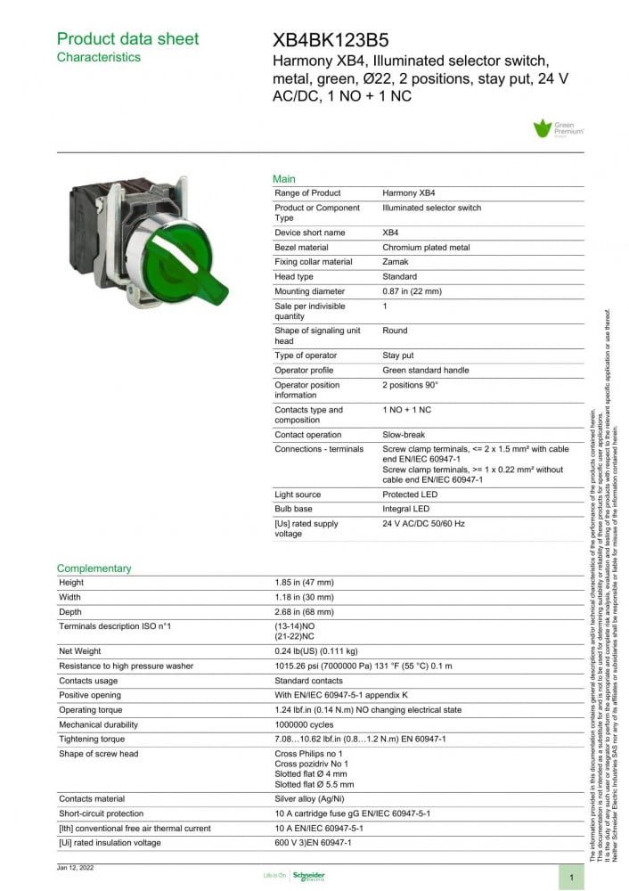 XB4BK123B5 technical document page 1