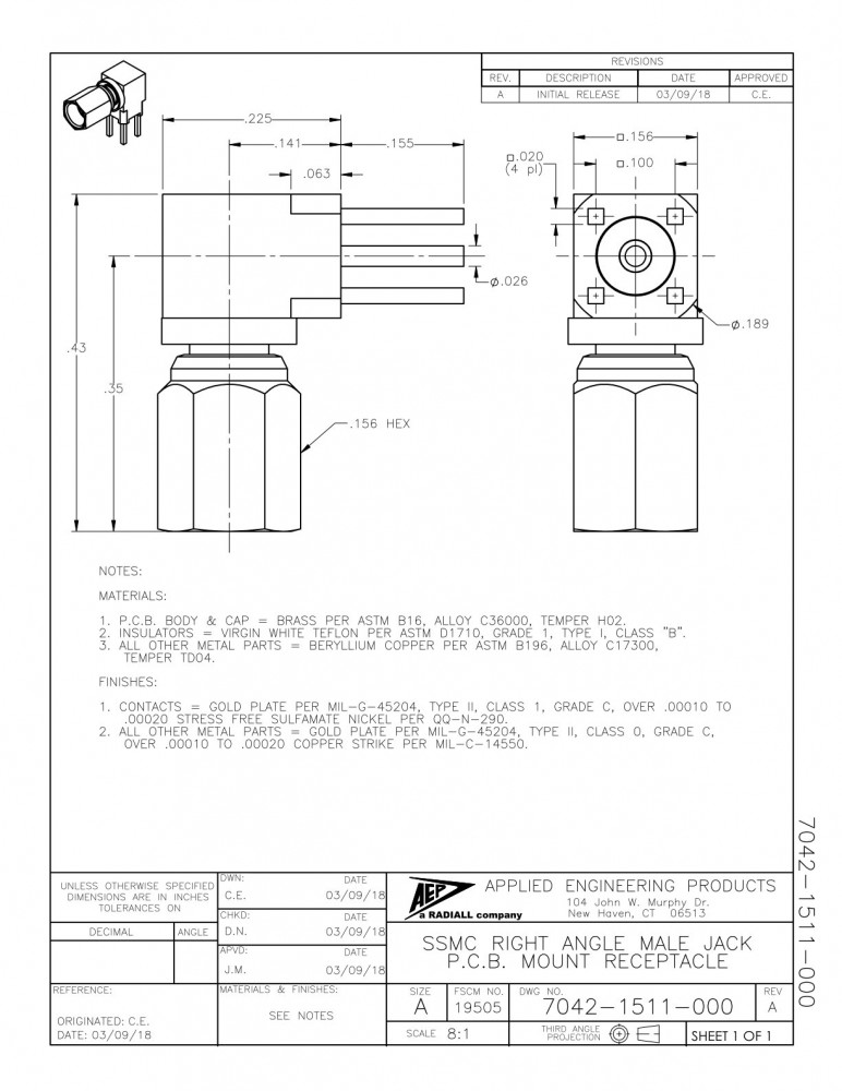 Technical drawing preview for Radiall model 7042-1511-000